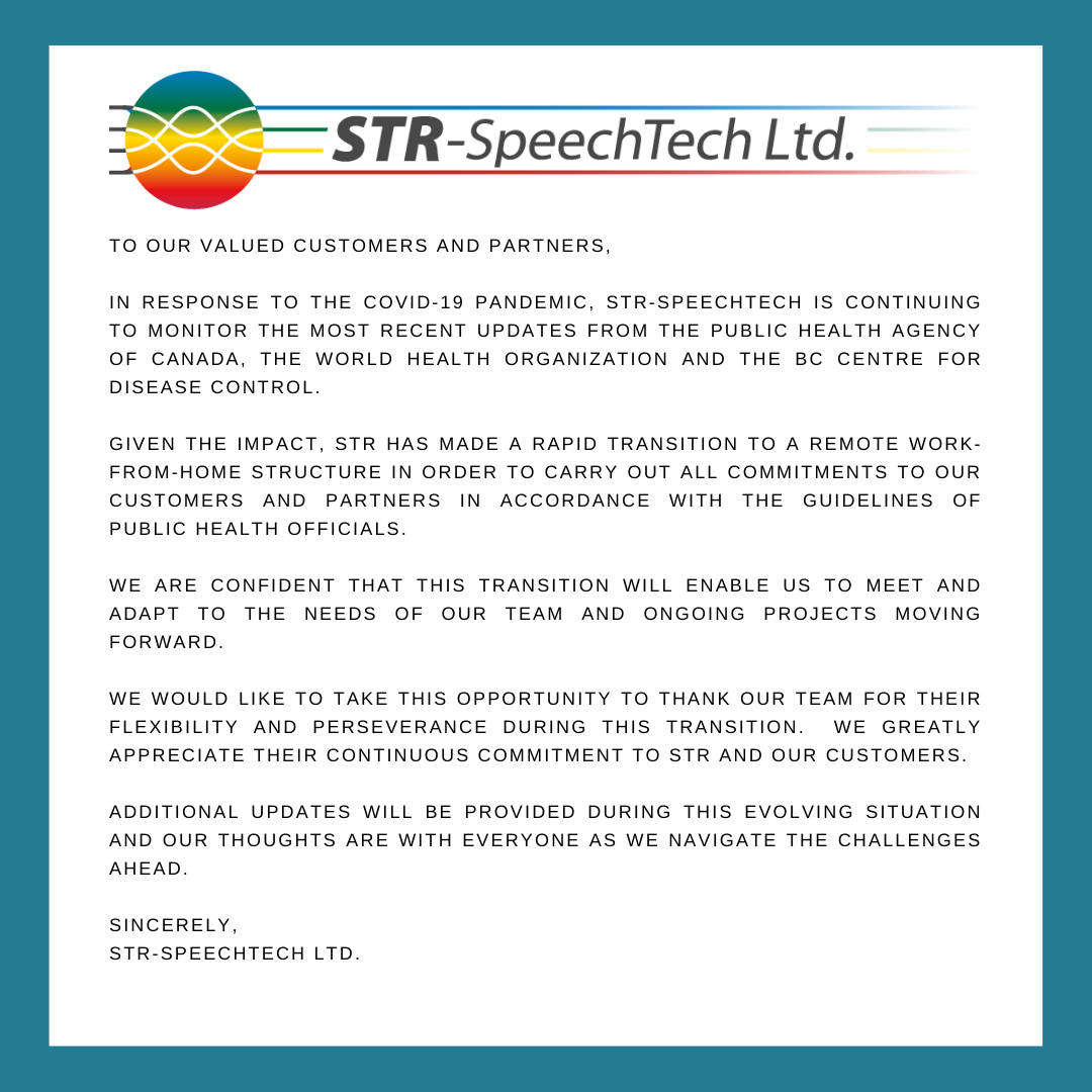 STR-SpeechTech Statement regarding COVID-19 - STR-SpeechTech Ltd.